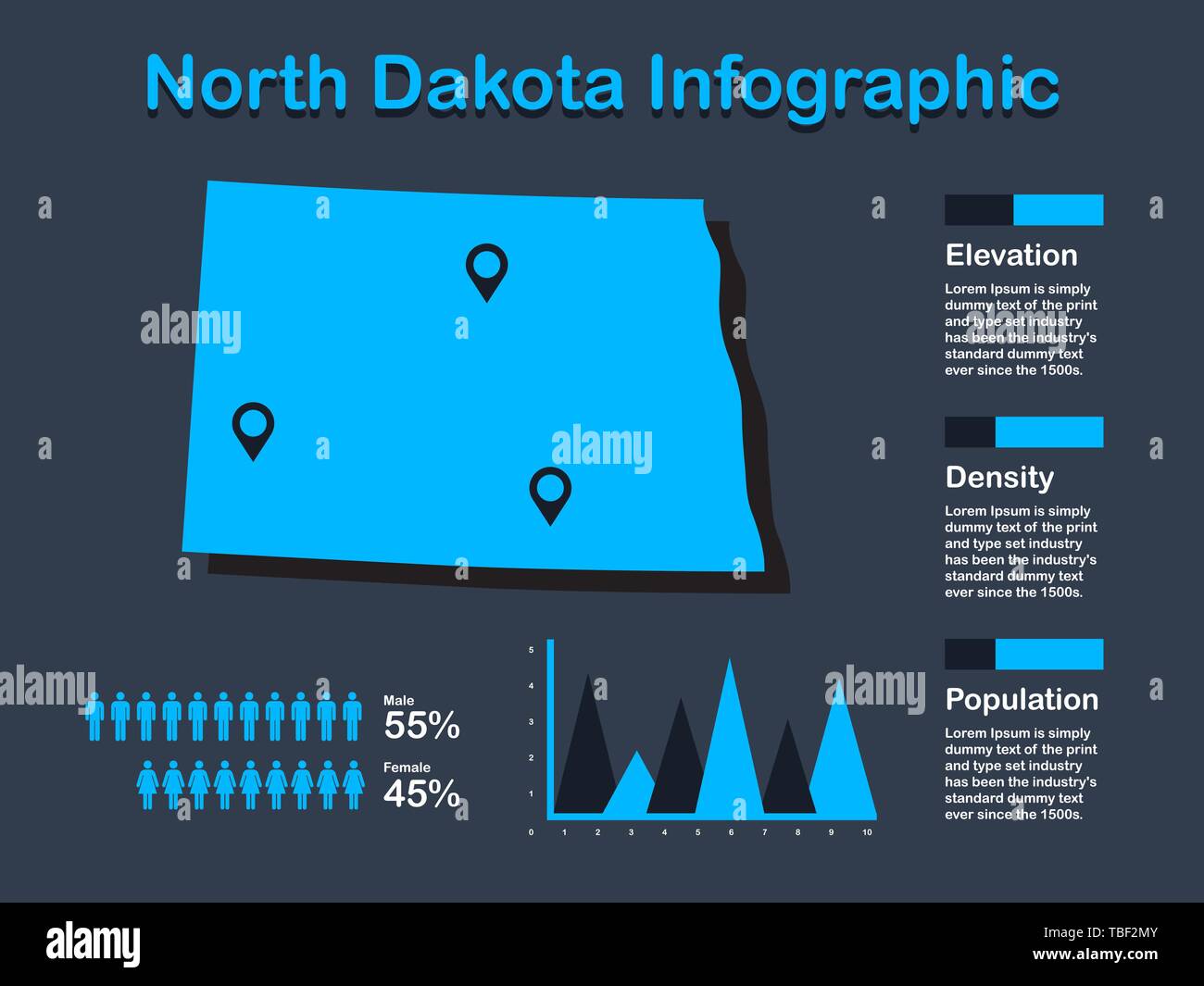 North Dakota State (USA) Map with Set of Infographic Elements in Blue ...
