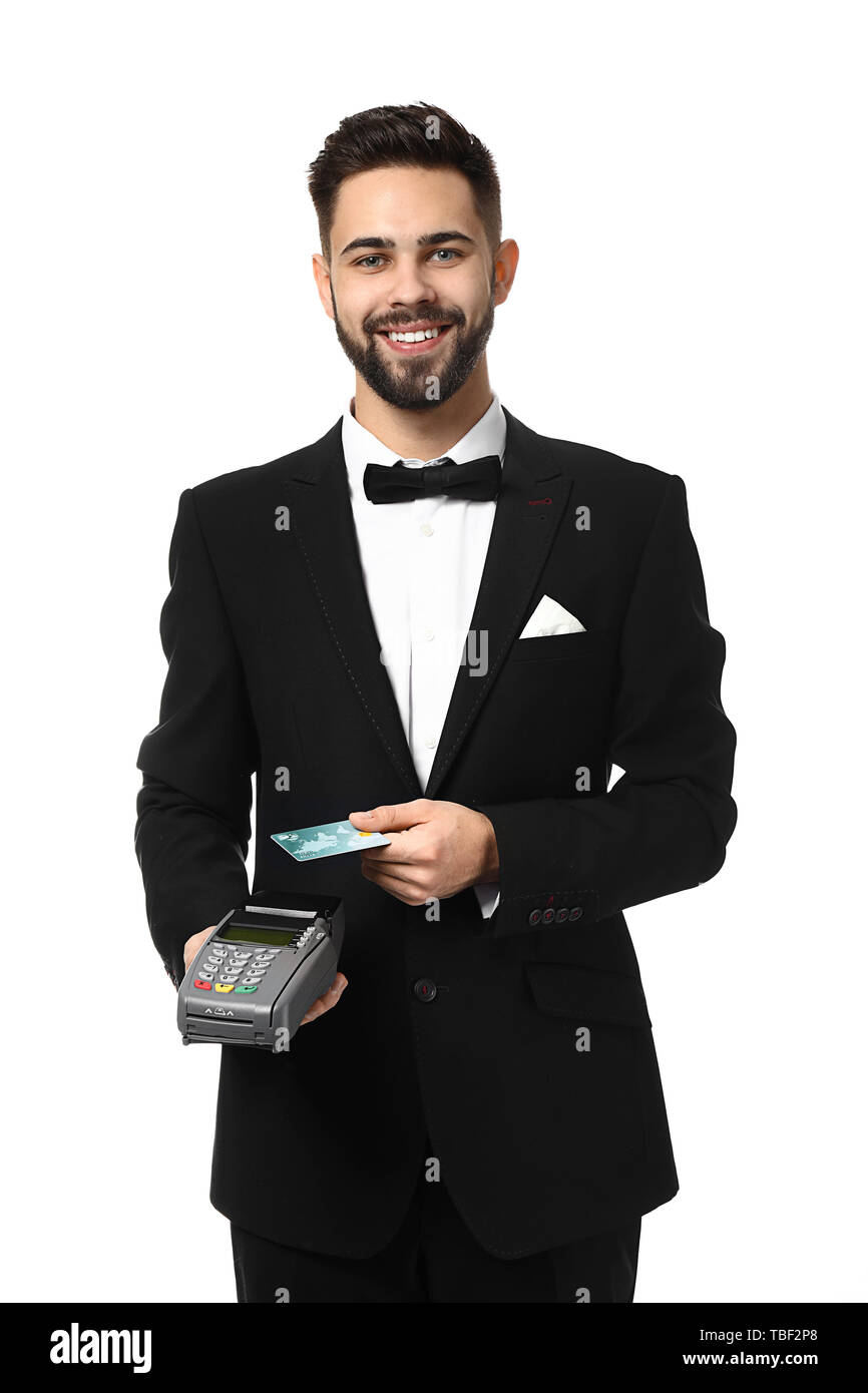 Waiter with payment terminal and credit card on white background Stock ...