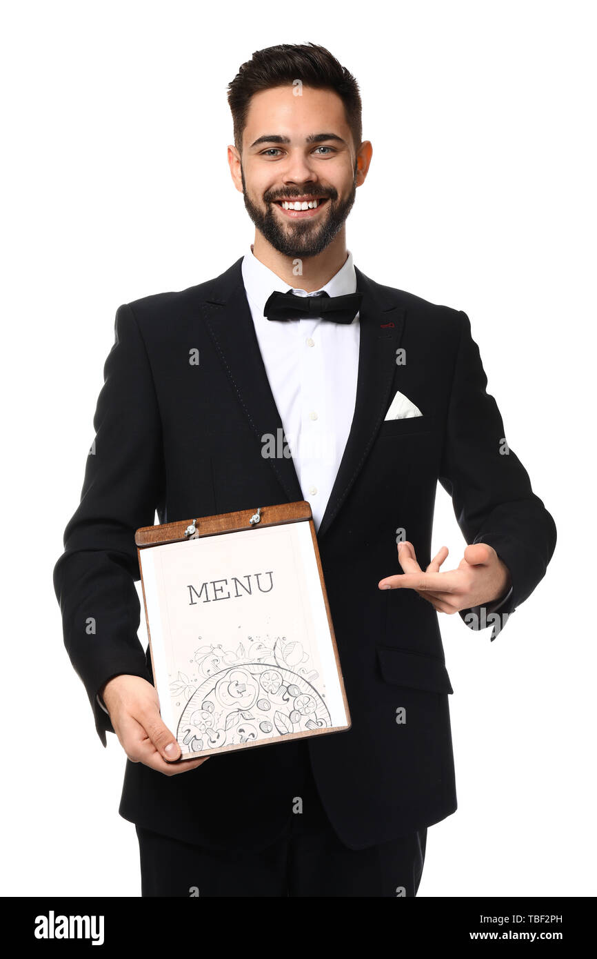 Waiter with menu on white background Stock Photo - Alamy