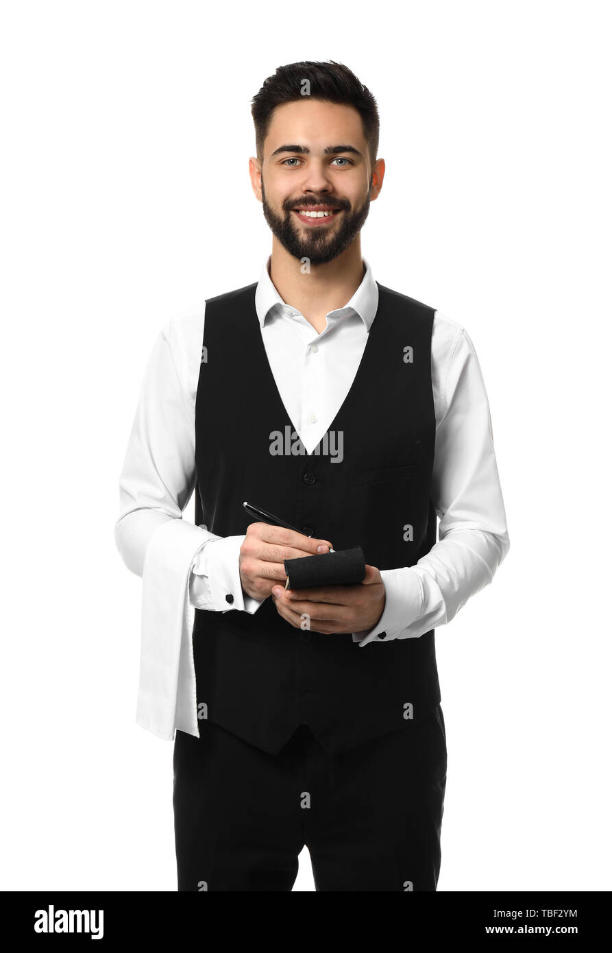 Handsome waiter with notebook on white background Stock Photo - Alamy