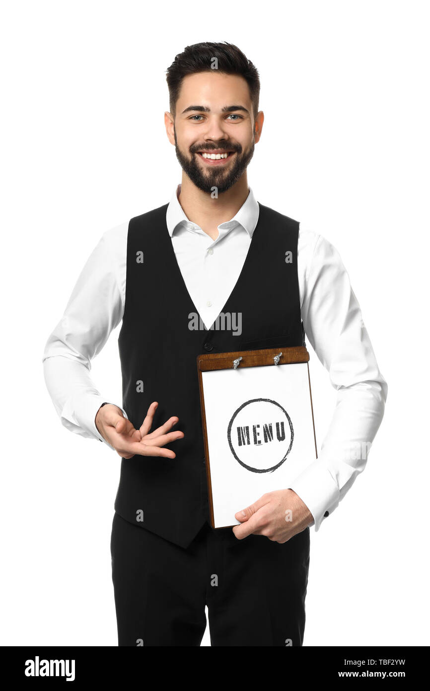 Handsome waiter with menu on white background Stock Photo - Alamy