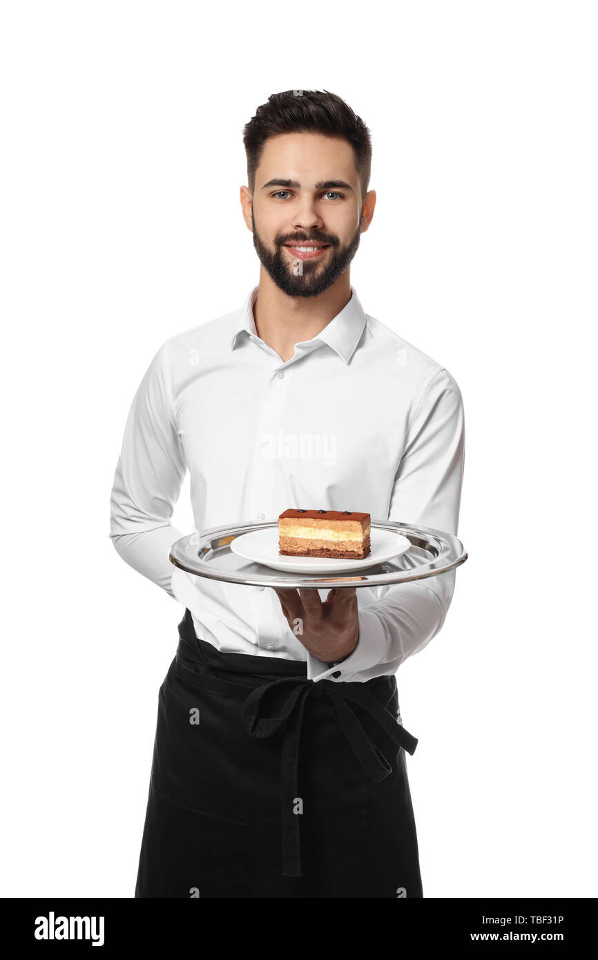 Waiter with tasty dessert on white background Stock Photo - Alamy