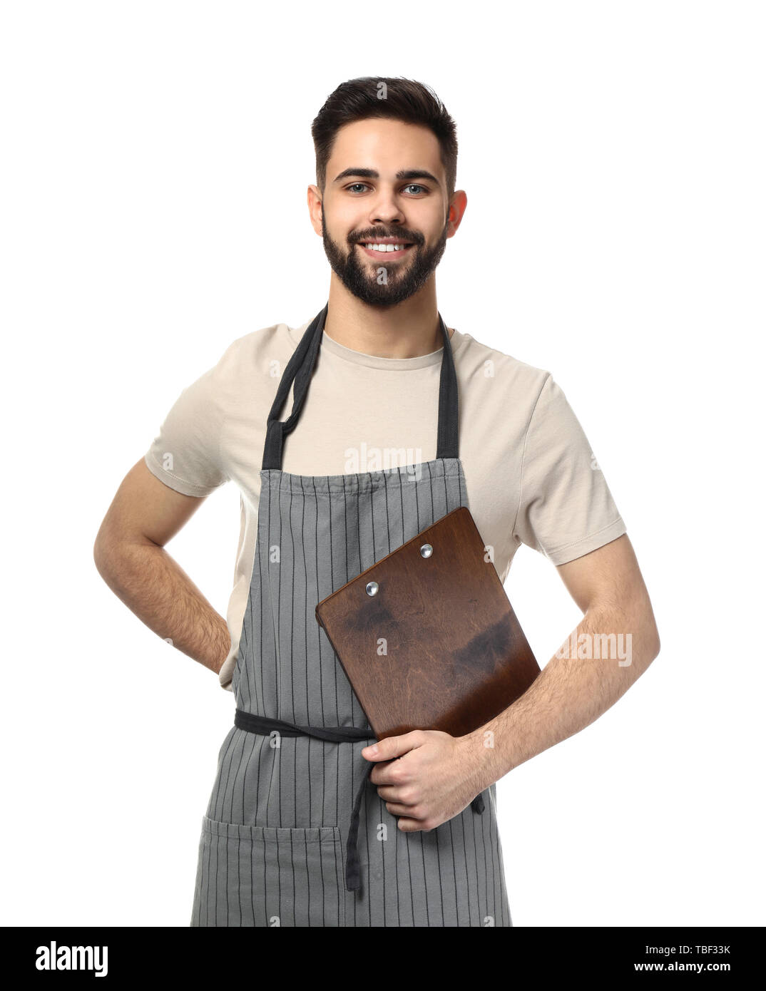 Handsome waiter with menu on white background Stock Photo - Alamy