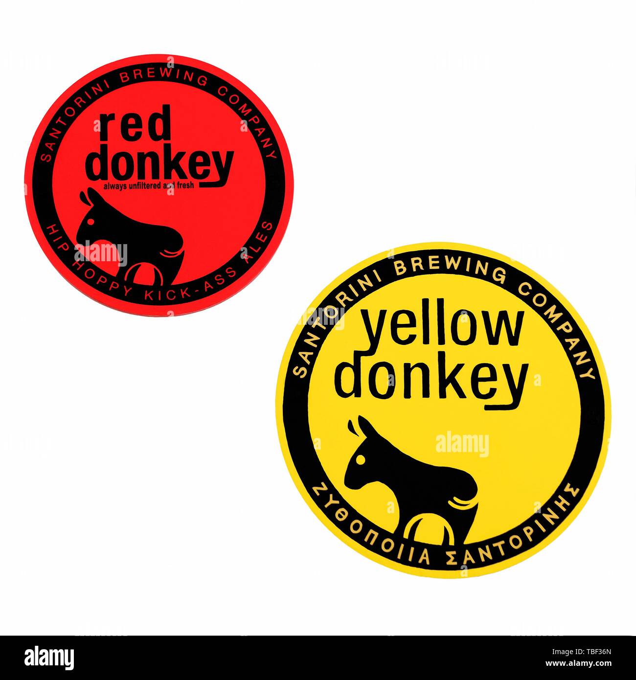 Signs, Local beer advertising, Red Donkey, Yellow Donkey, Santorini ...