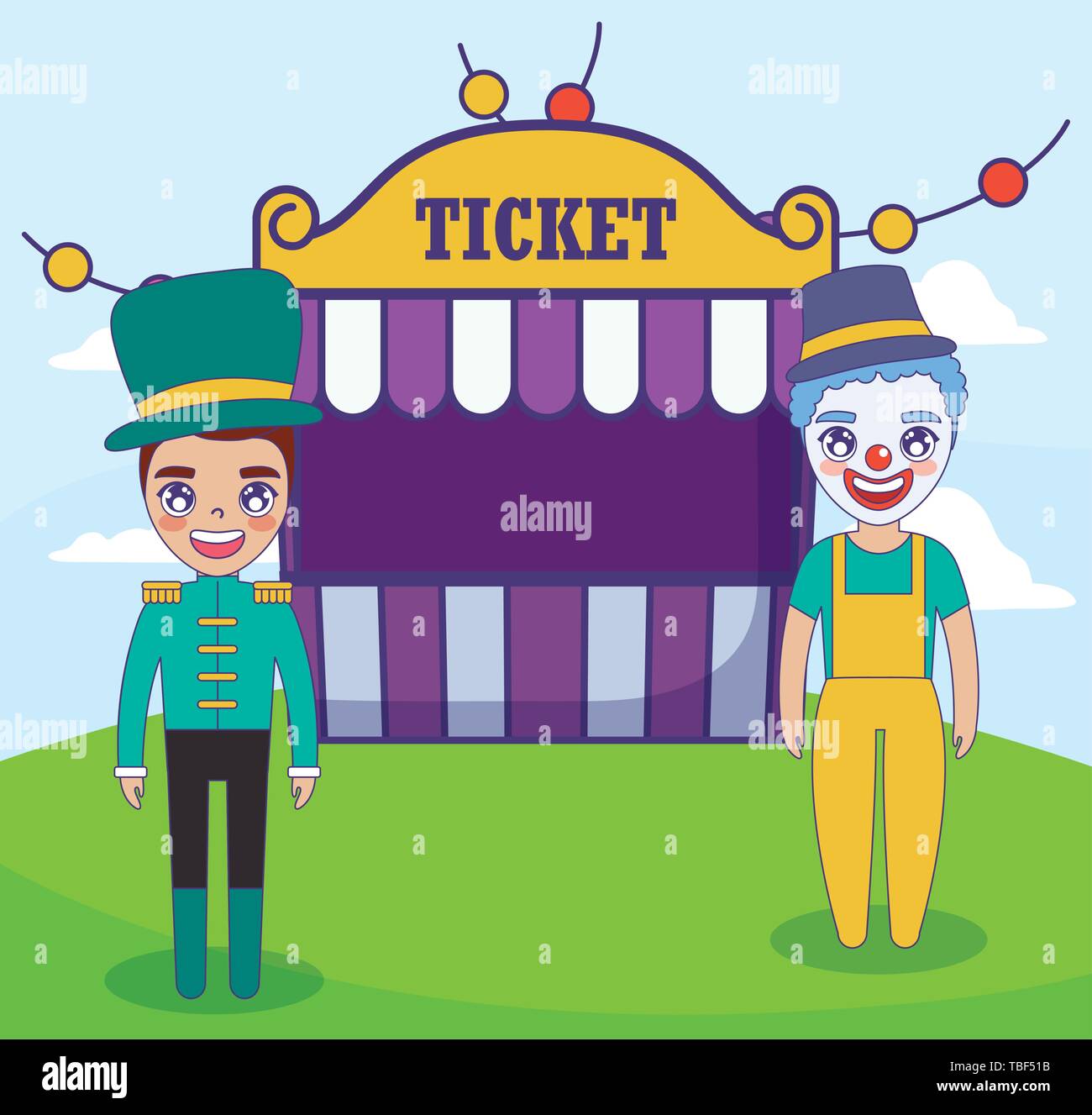 circus presenter male with clown and tent sale ticket vector ...