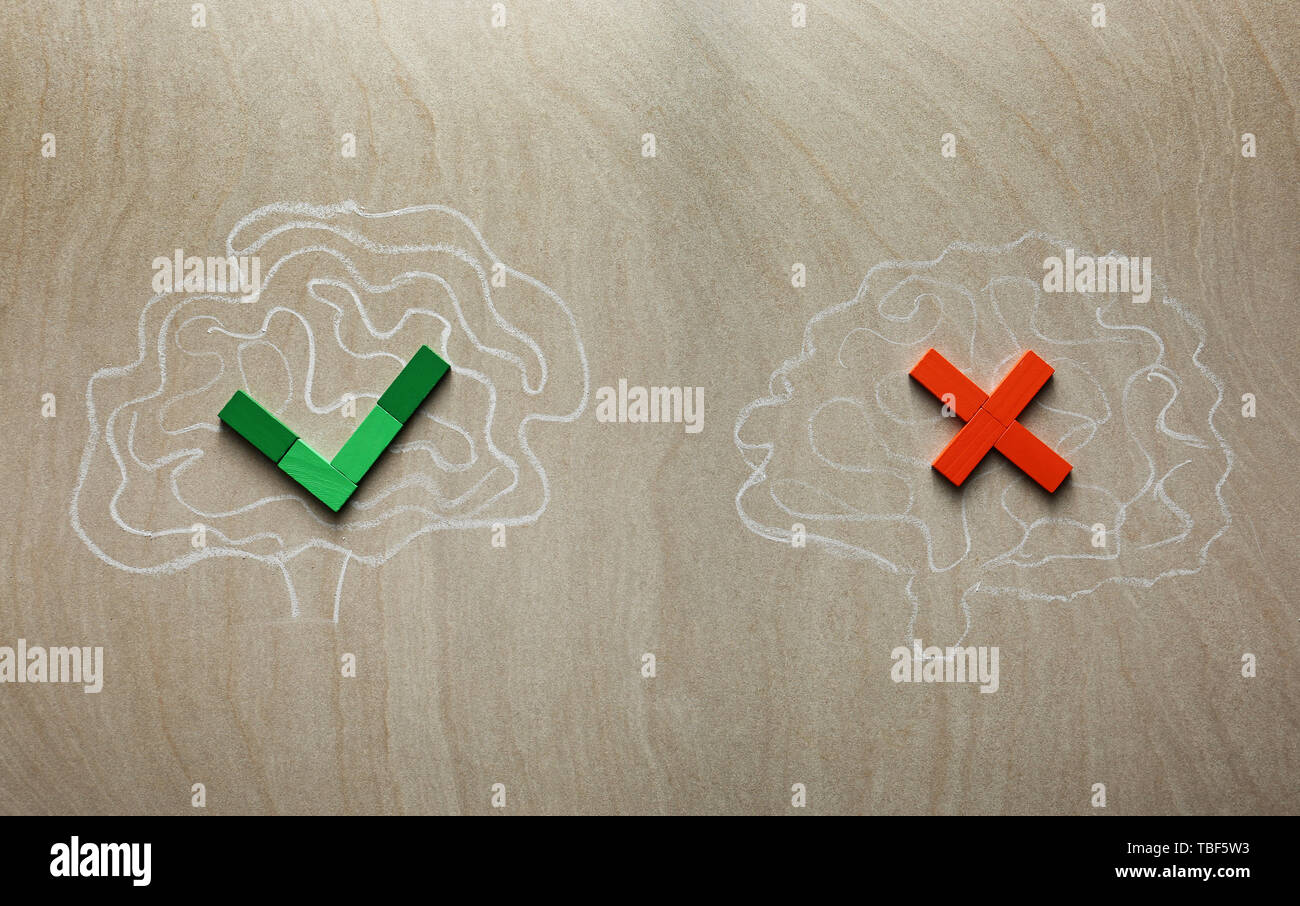 Drawn brains with blocks on grey background. Concept of brain disorders ...