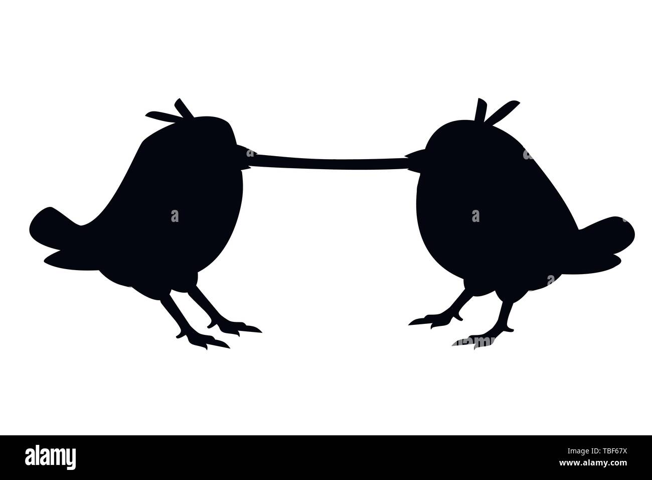 Black silhouette Cute two little chick standing and eating worm side ...