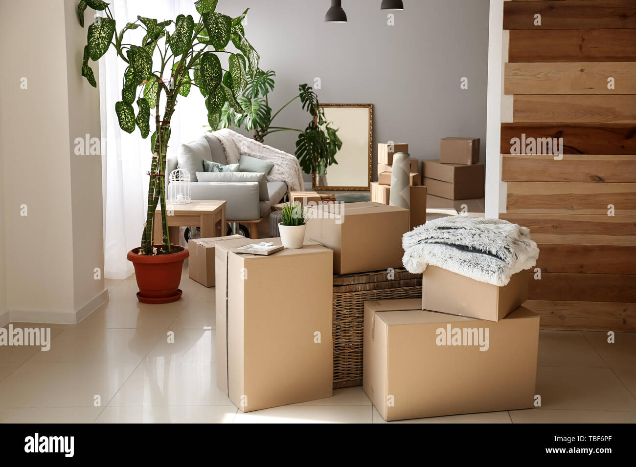Moving boxes with belongings in room Stock Photo - Alamy