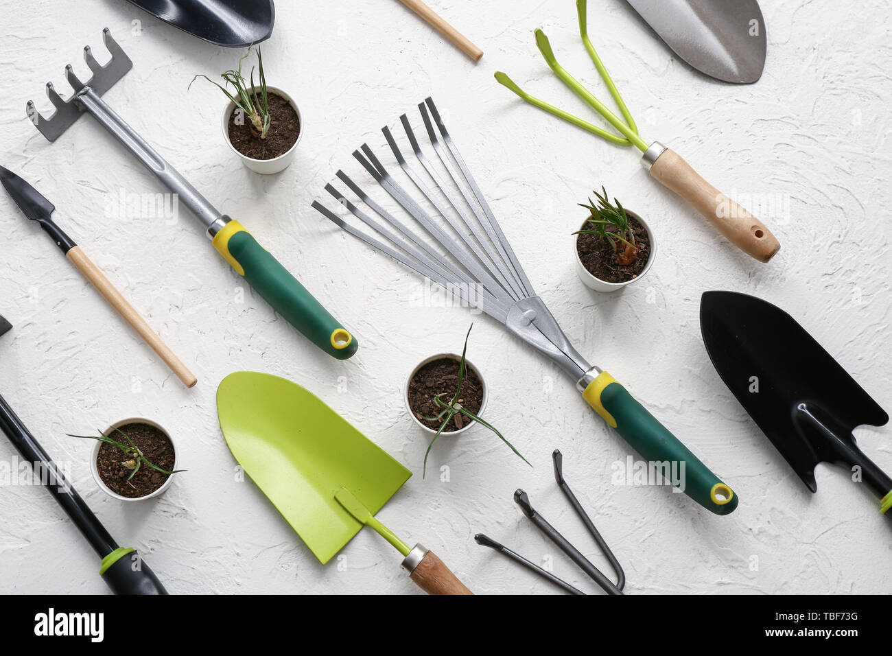 Different gardening tools on white background Stock Photo - Alamy