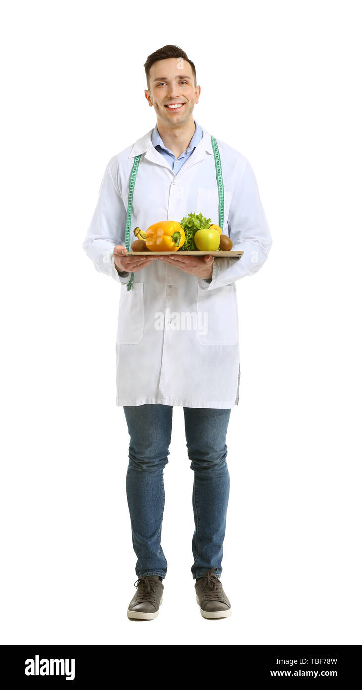 Portrait of male nutritionist on white background Stock Photo - Alamy