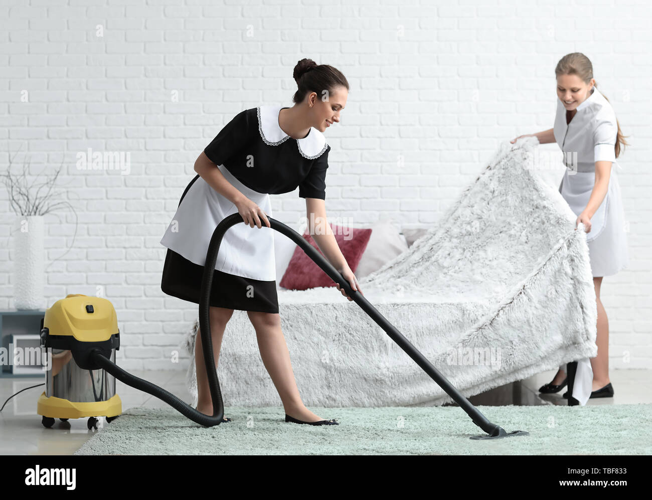 Beautiful female housekeepers working in room Stock Photo - Alamy