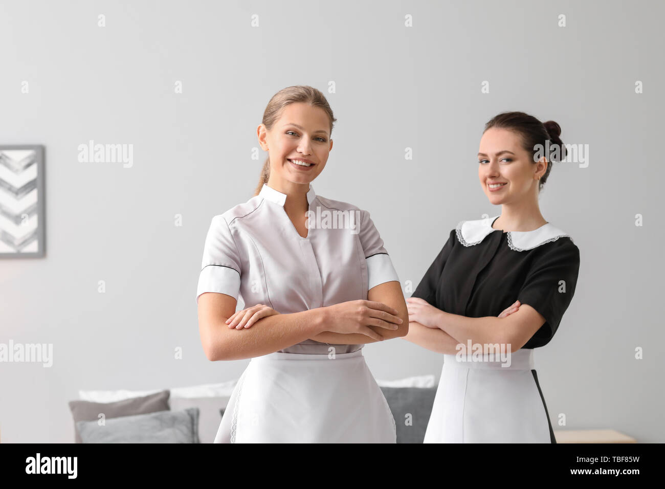 Portrait of beautiful female housekeepers in room Stock Photo - Alamy