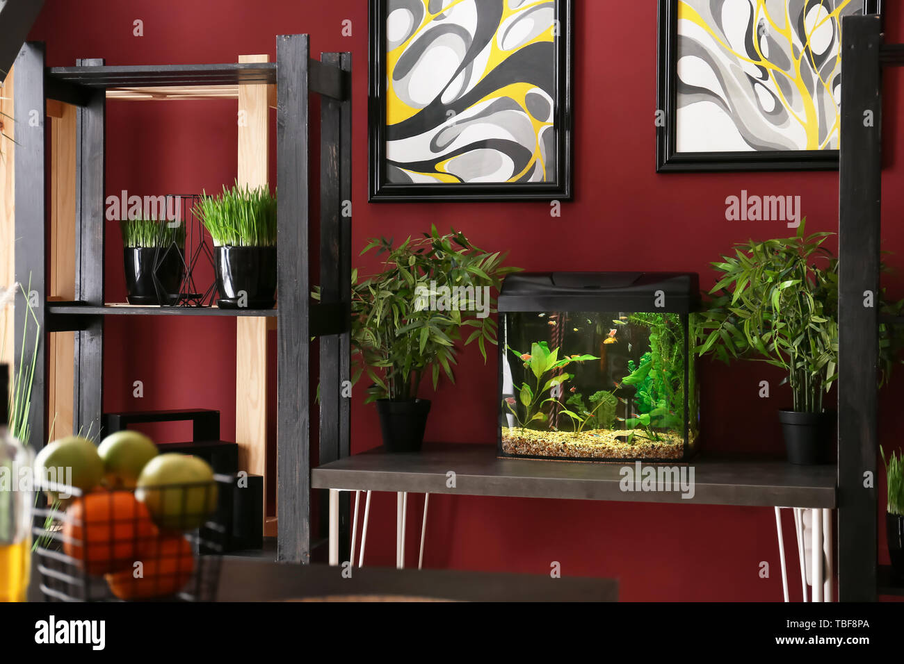 Beautiful aquarium on table in room Stock Photo - Alamy