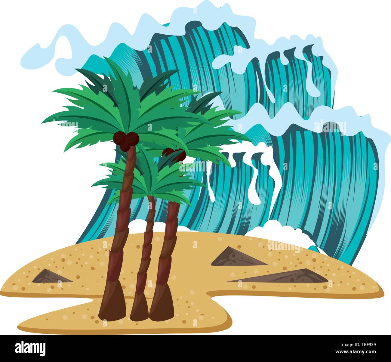 Beach with palms and sea waves cartoon scenery isolated Stock Vector ...
