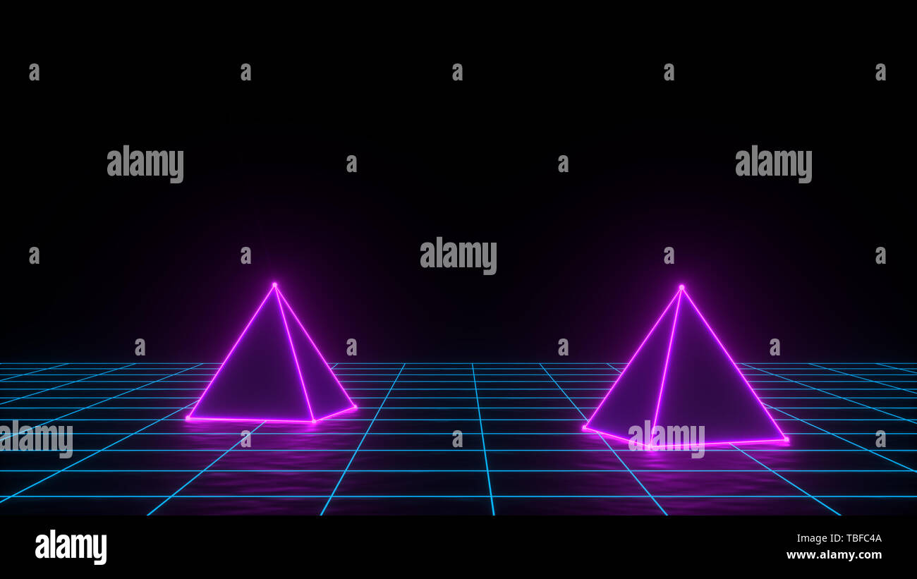3d render of neon pyramid on grid background. Banner design. Retrowave ...