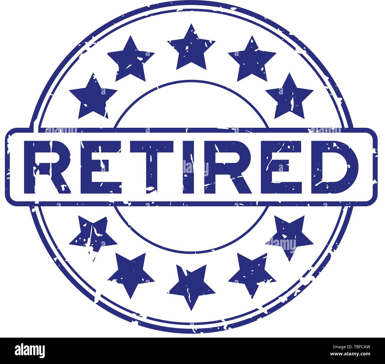 Grunge blue retired with star icon round rubber seal stamp on white ...