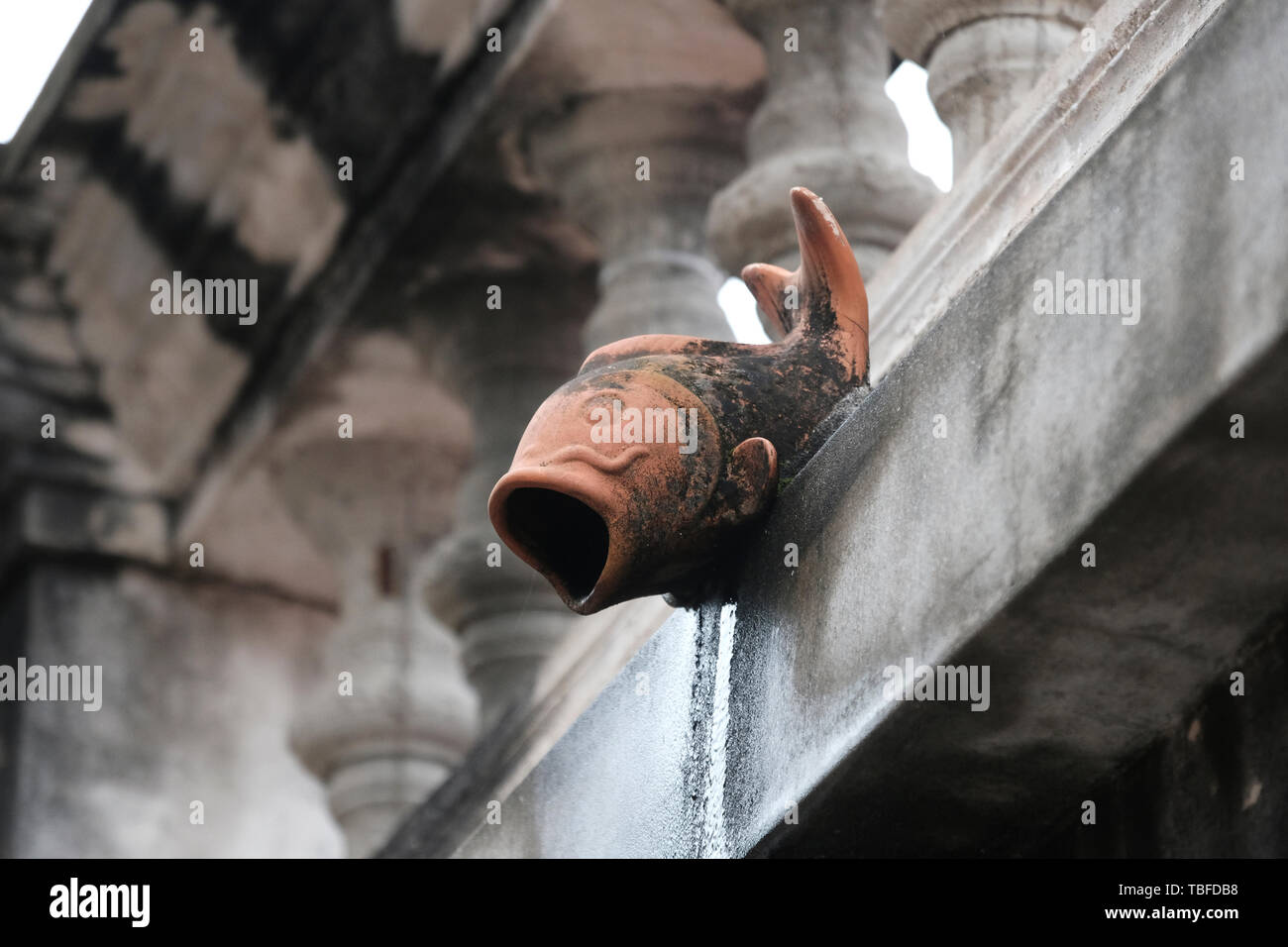 Decorative downspout for rain gutters in shape of a fish at the former ...