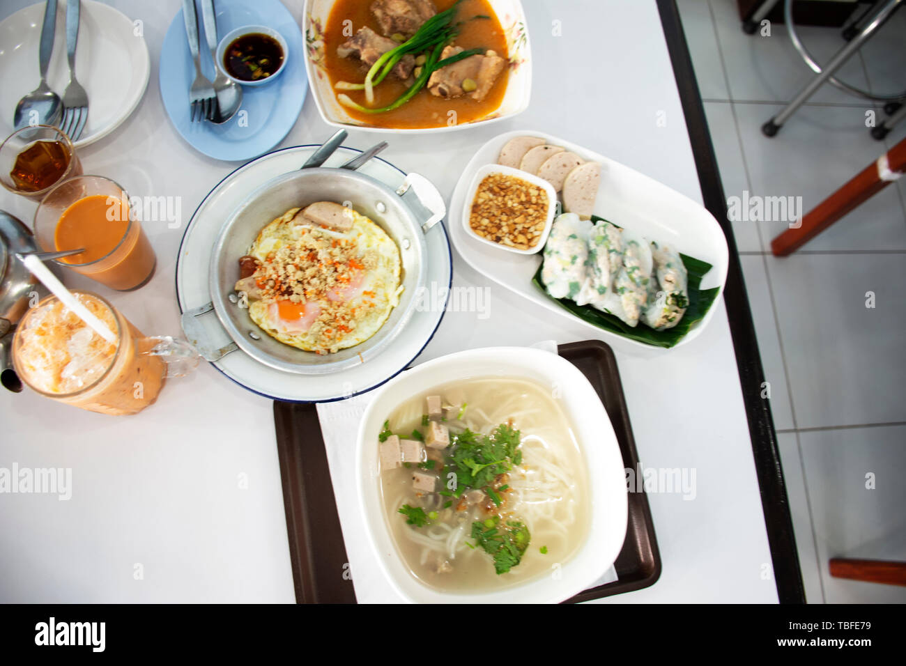 Food set of breakfast thai and vietnamese style at local restaurant in ...