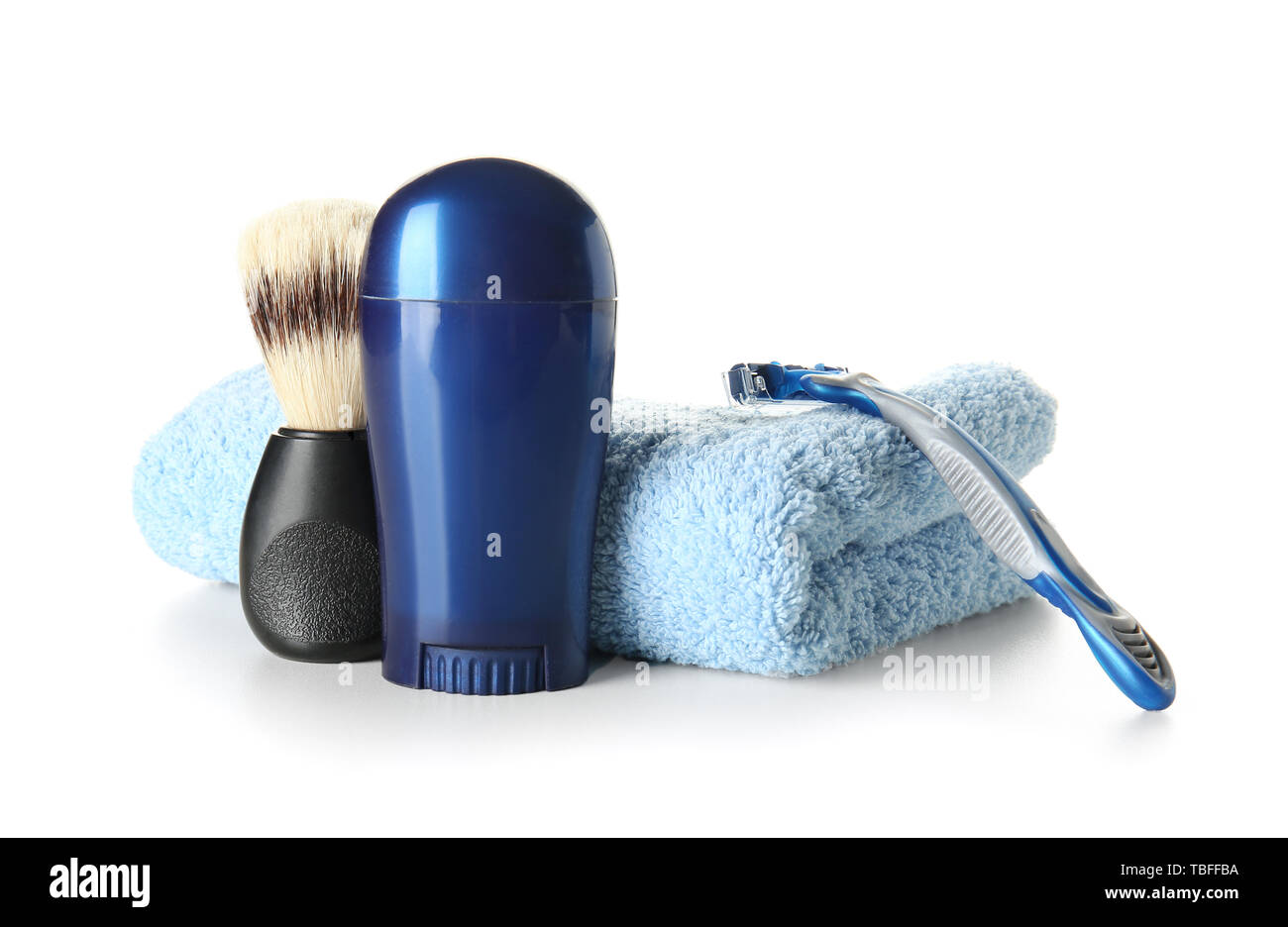 Set of male shaving accessories on white background Stock Photo - Alamy