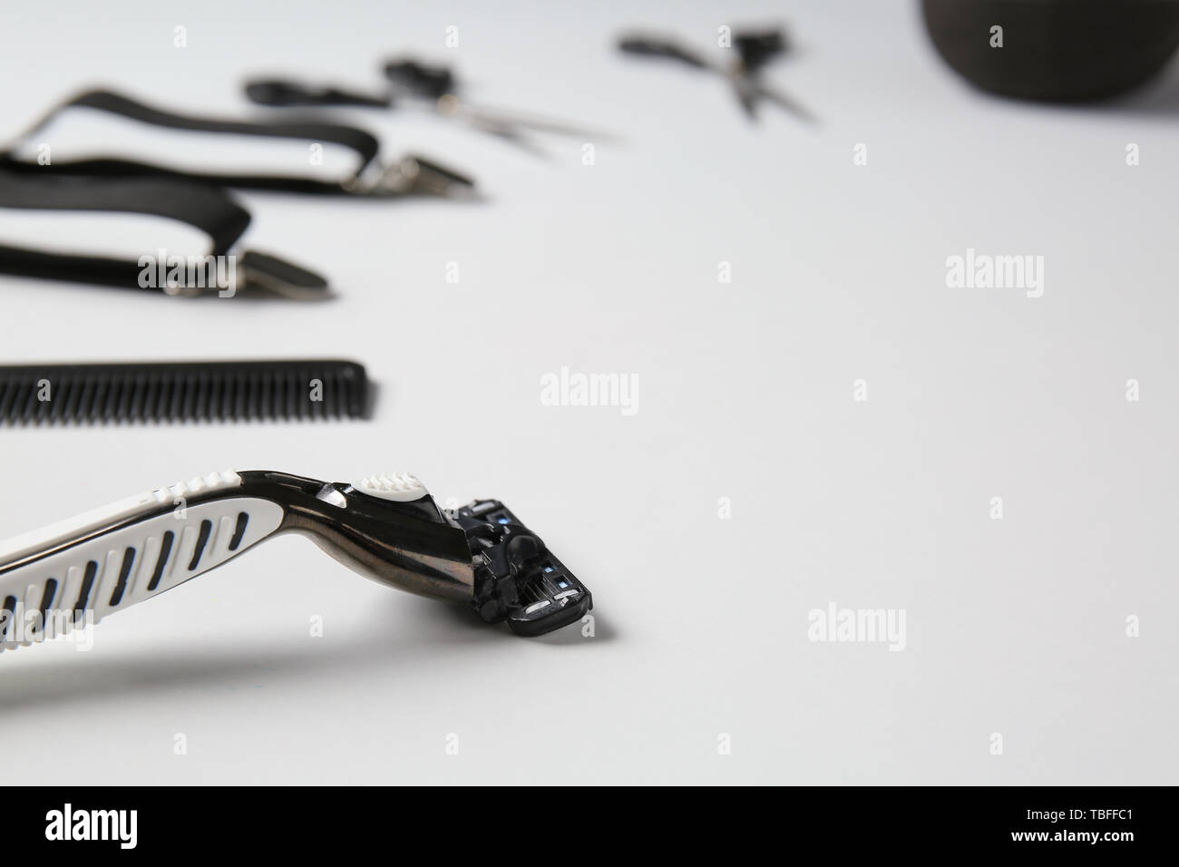 Set of male shaving accessories on white background Stock Photo - Alamy