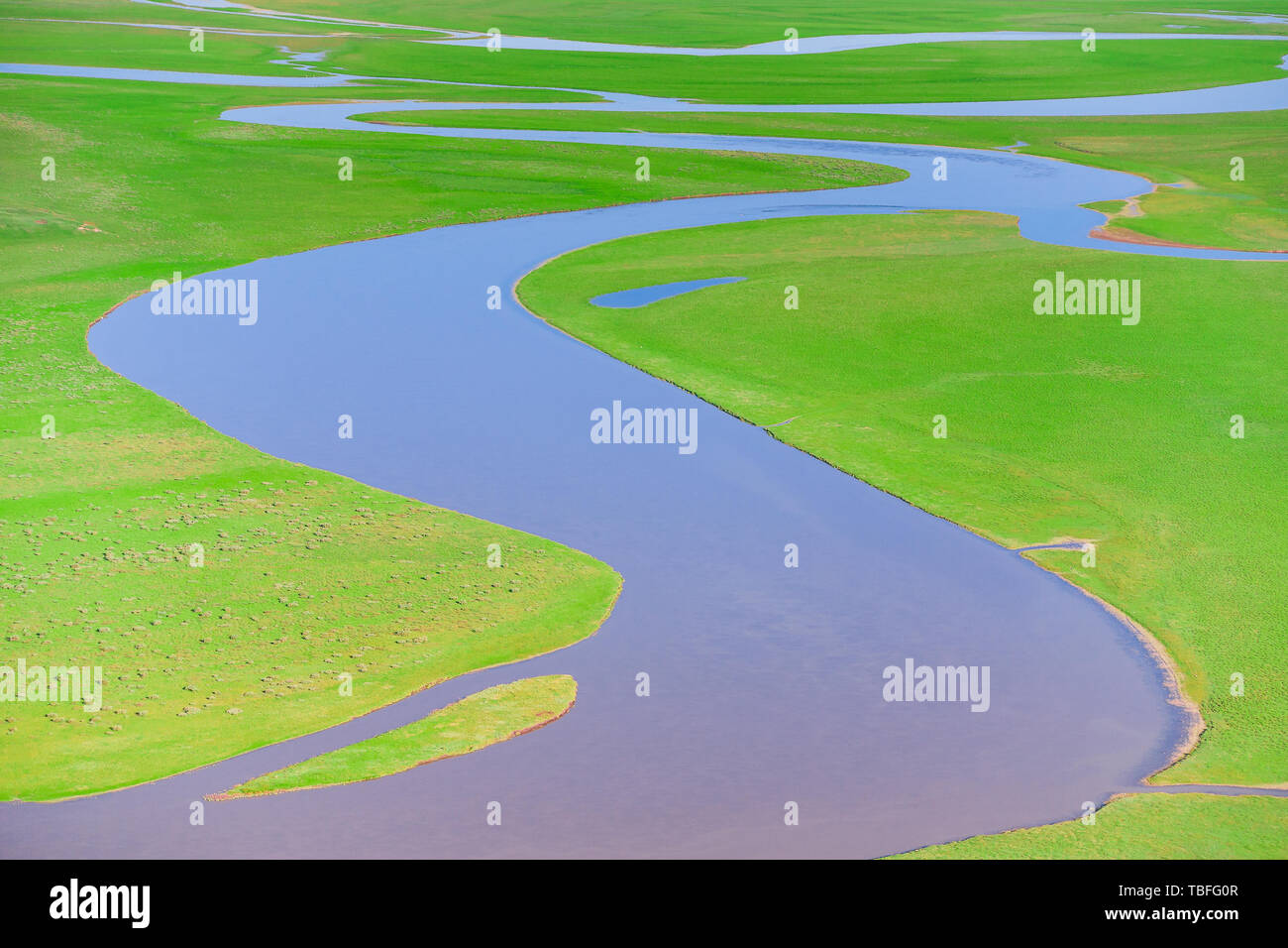 In summer, the Kaido River in the Bayinbrook Swan Lake wetland winds ...