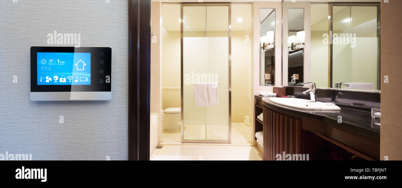 smart screen with smart home with modern bathroom Stock Photo - Alamy