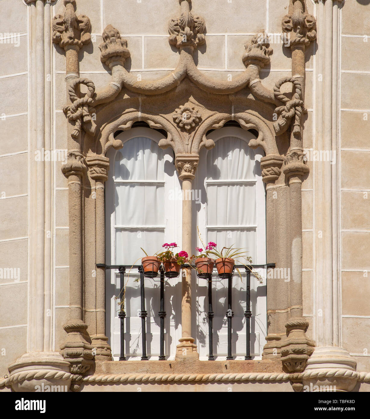 Architectural detail of Manueline historic window frame in old building ...