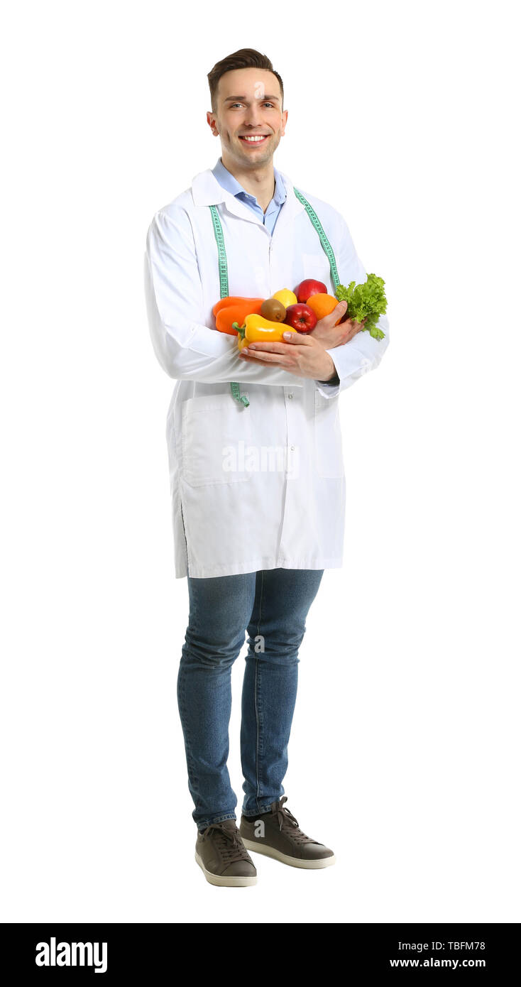 Portrait of male nutritionist on white background Stock Photo - Alamy