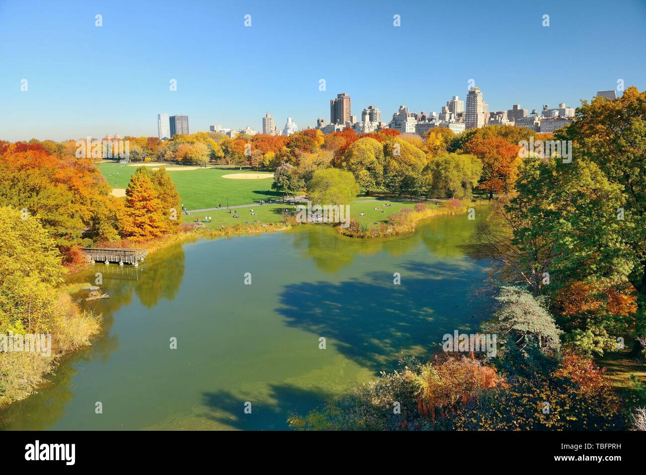 Lake and Autumn foliage with apartment buildings in Central Park of ...
