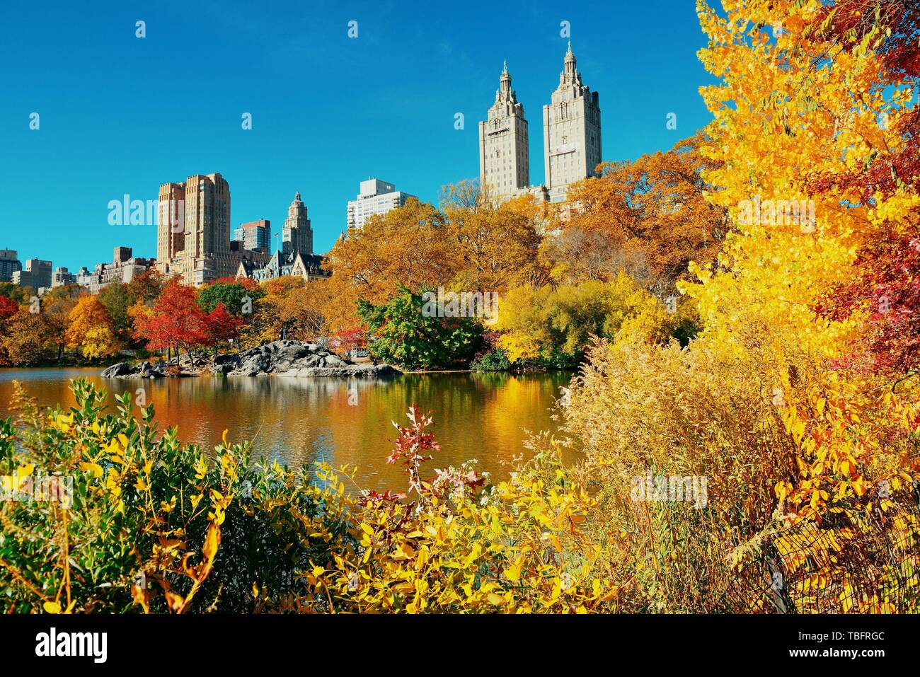 Central Park Autumn and buildings in midtown Manhattan New York City ...