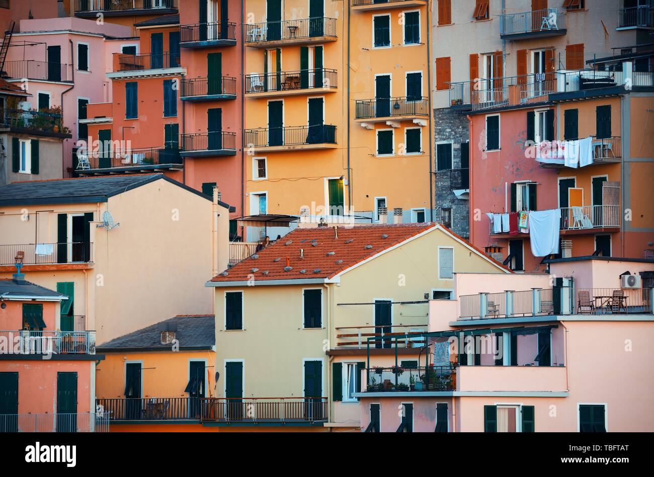 Abstract Italian style building closeup background in Manarola Stock ...