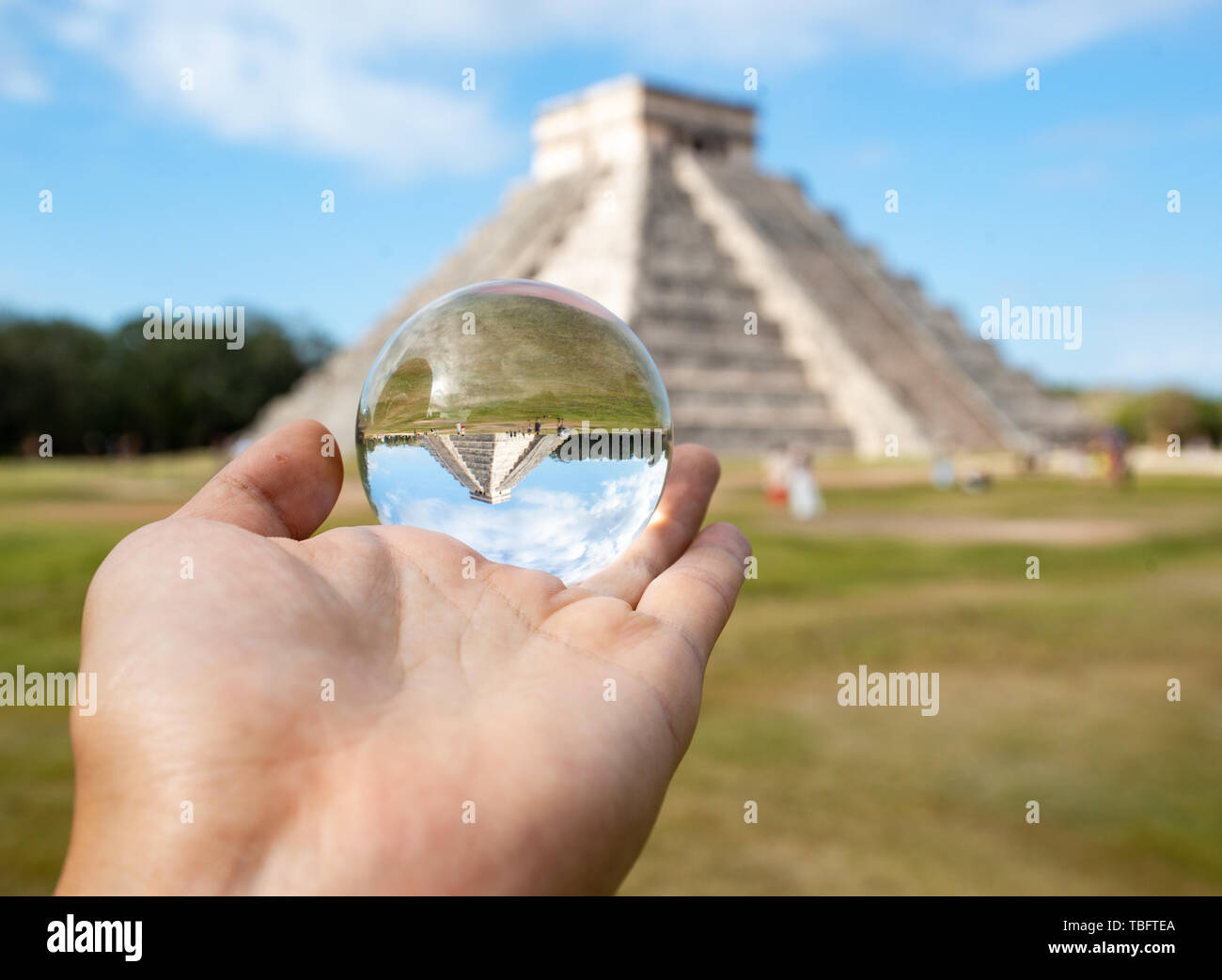 Crystal ball view of the Mexican Yucatan Chichen Itza feather pyramid ...
