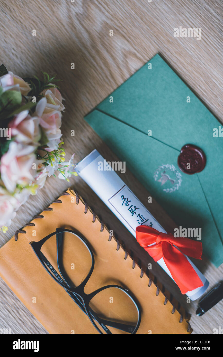 Letters of acceptance, envelopes, notebooks at the desk Stock Photo - Alamy