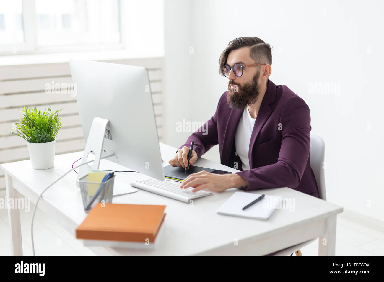 People, designer and technology concept - Man illustrator with ...