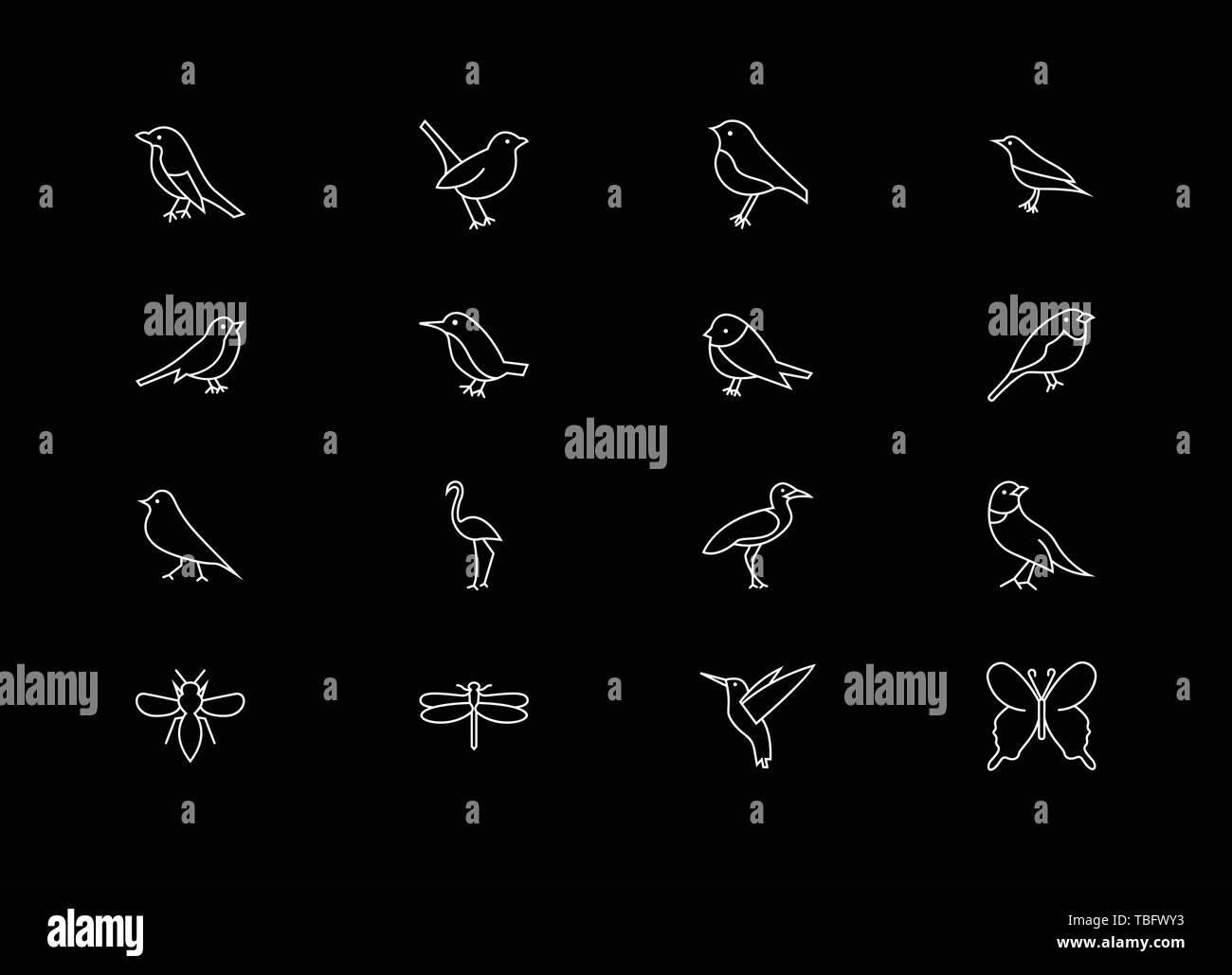 Birds icons set - Vector white on a black background Stock Vector Image ...