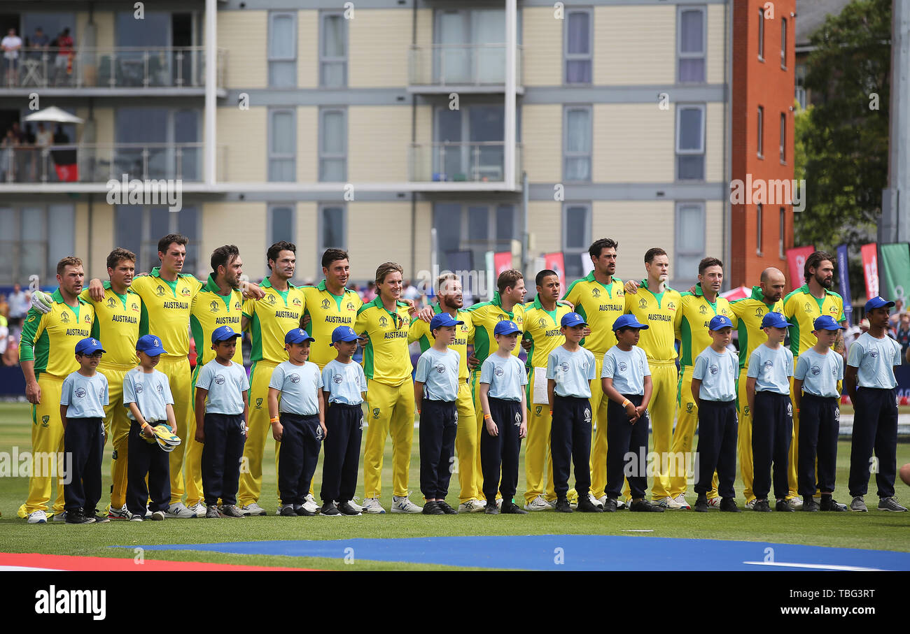 Australia stand for their national anthem before the start of the match ...