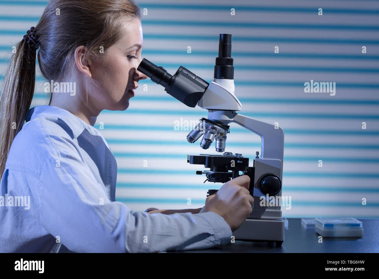 beautiful science student looking into a microscope in a laboratory ...