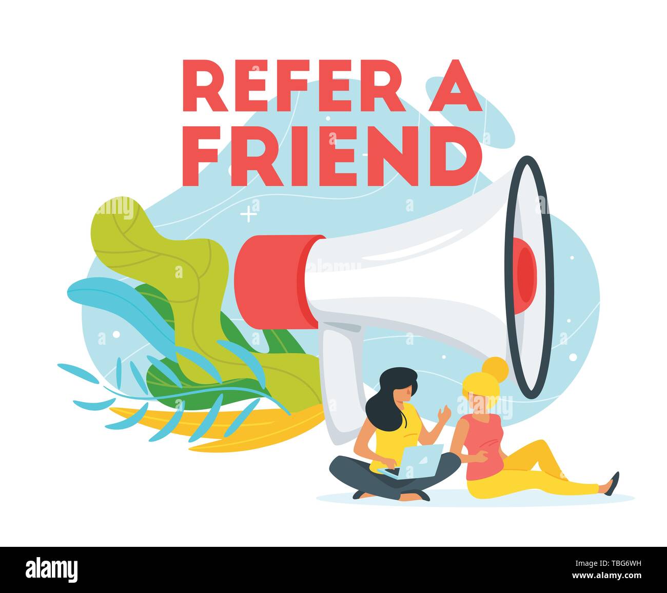 Refer a friend concept with people silhouettes and exaggerated ...
