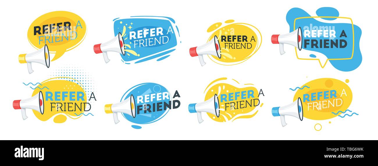 Refer a friend set of marketing design badges with loudspeaker ...