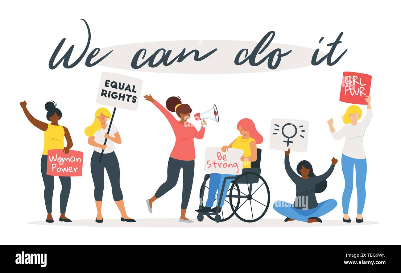 Women Are Taking Part In Parade For Their Rights Holding Banners And