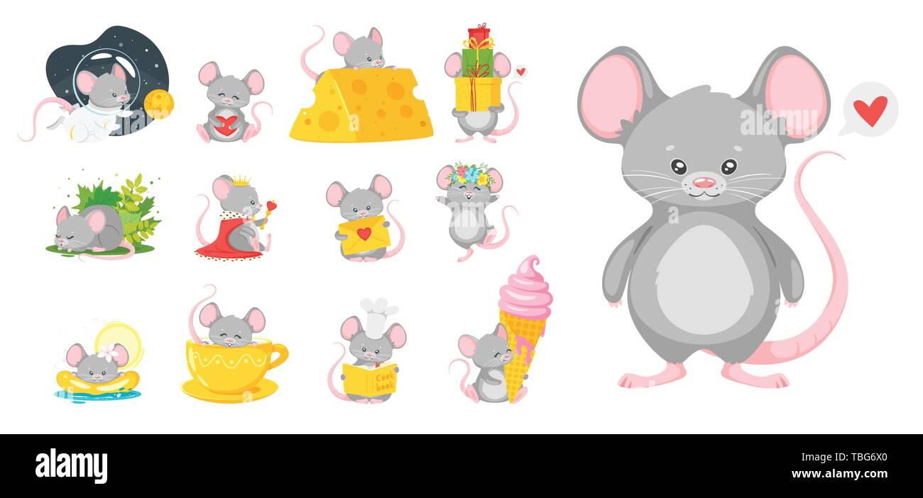 Baby mice flat vector illustrations set. Cute animal eating cheese, ice ...