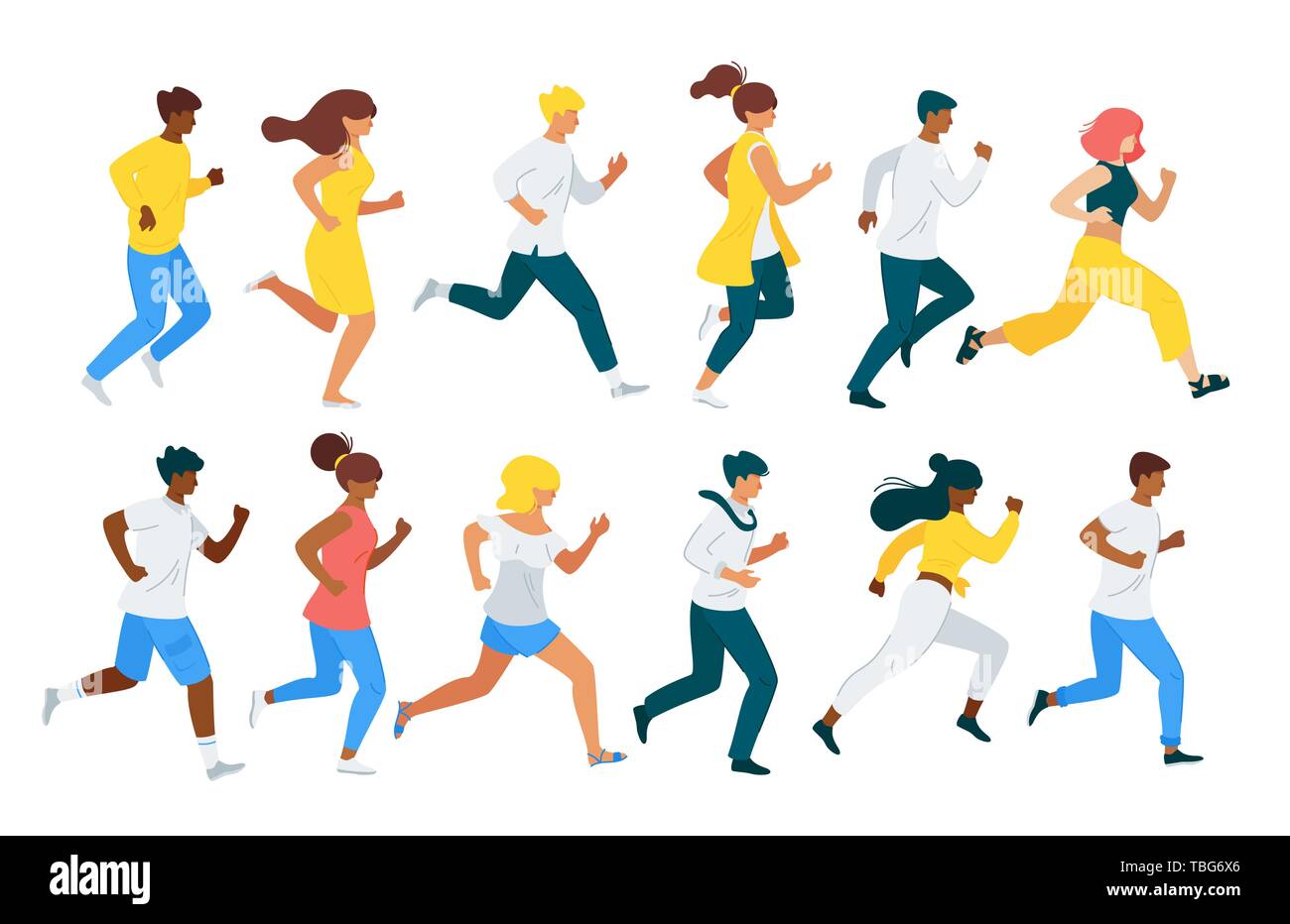 People running flat vector characters set. Leadership race, pursuit ...