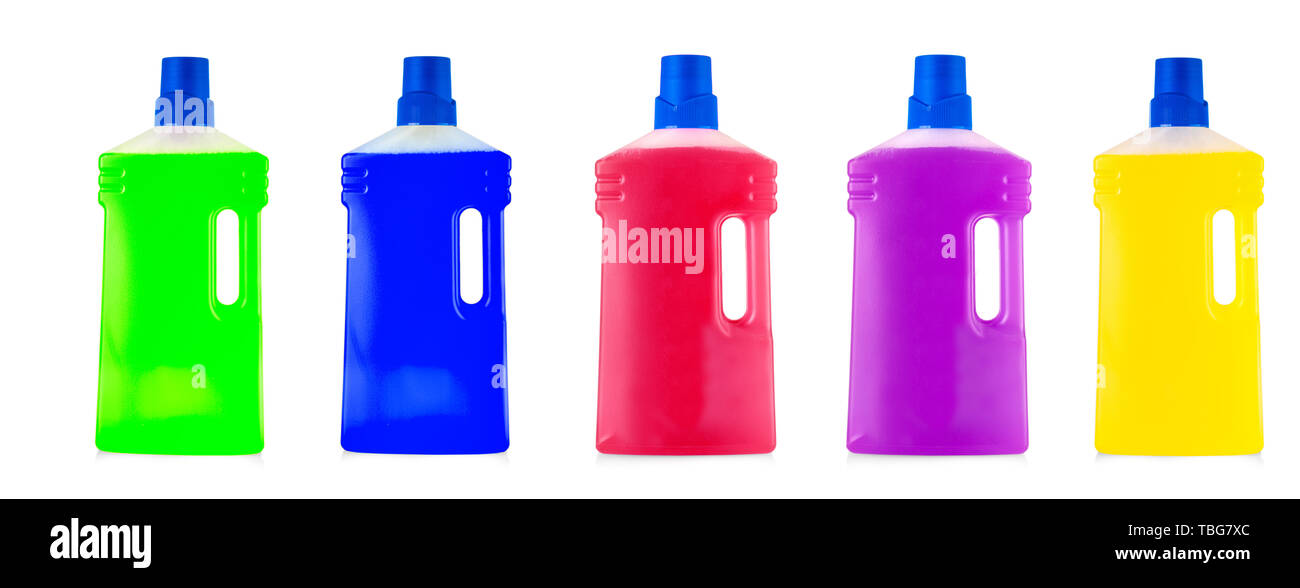Colored plastic bottles with handle and liquid laundry detergent ...