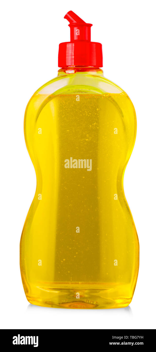 orange plastic bottle with liquid laundry detergent, cleaning agent ...