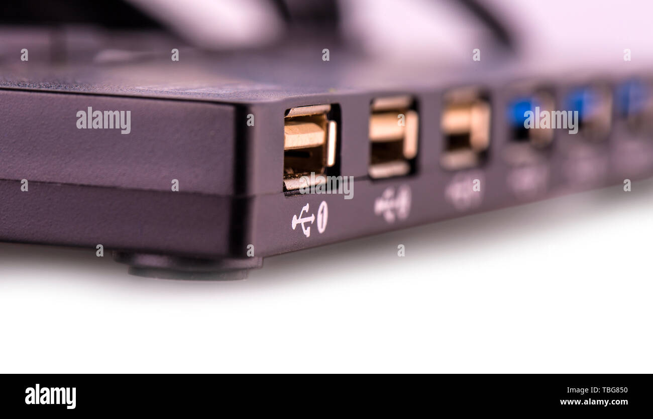 Detail of many USB ports on a computer port multiplier hub on white ...
