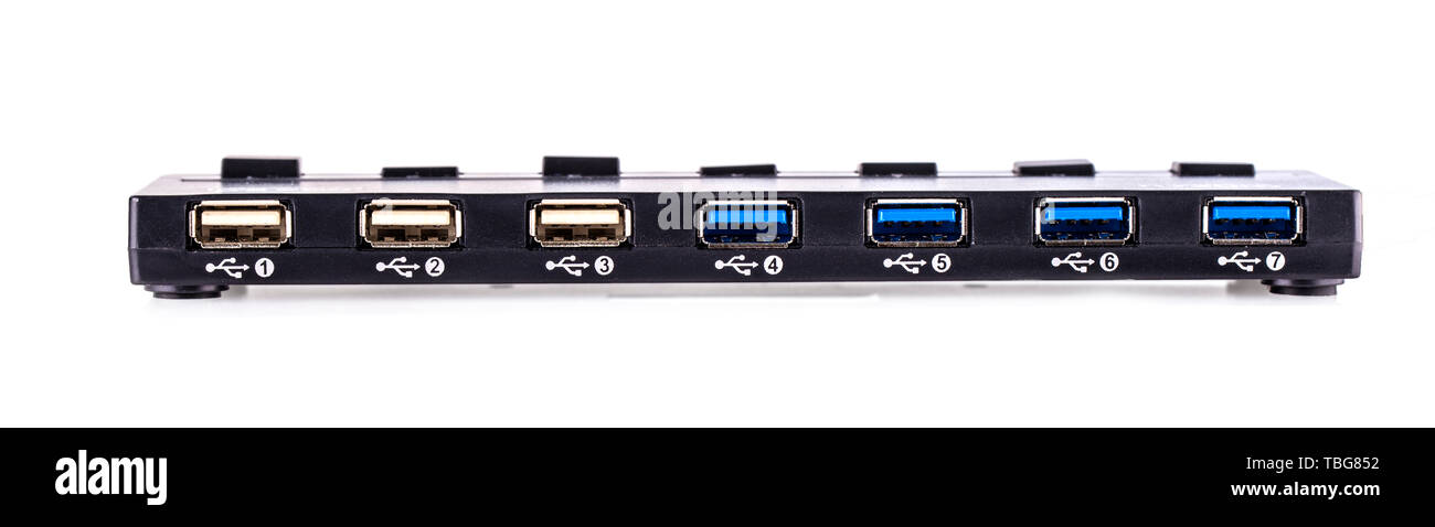 Detail of many USB ports on a computer port multiplier hub on white ...