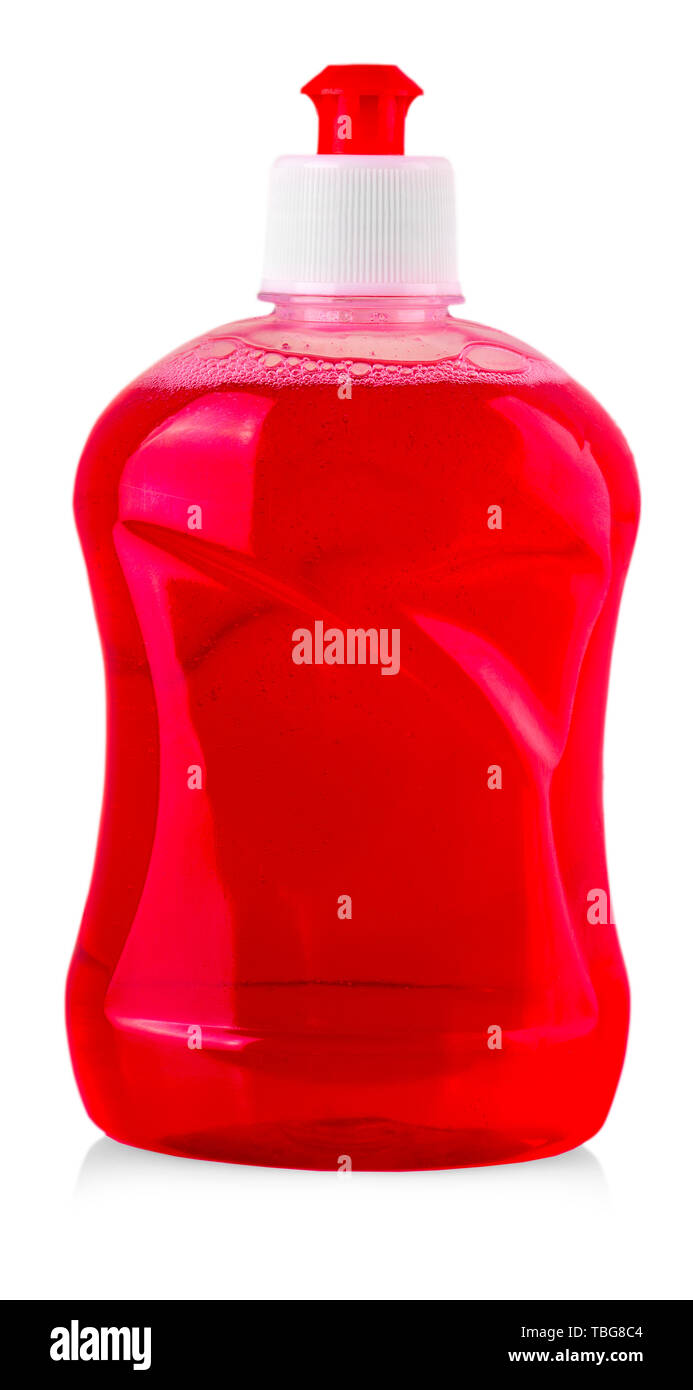 Red plastic bottle with liquid laundry detergent, cleaning agent ...