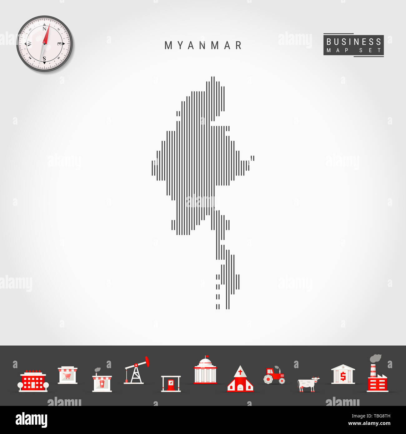 Vertical Lines Pattern Map of Myanmar. Striped Simple Silhouette of ...