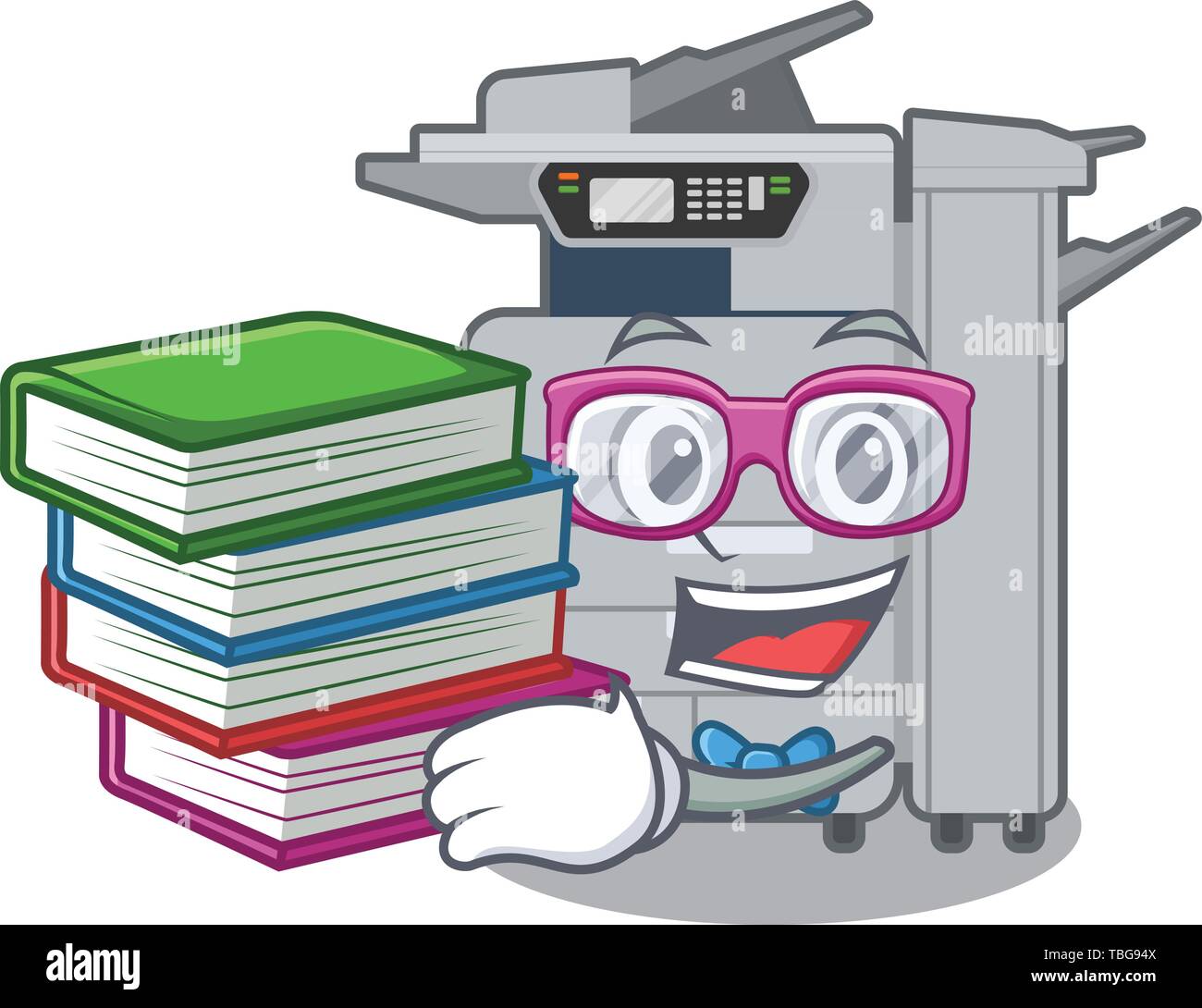 Student with book copier machine next to character chair Stock Vector ...