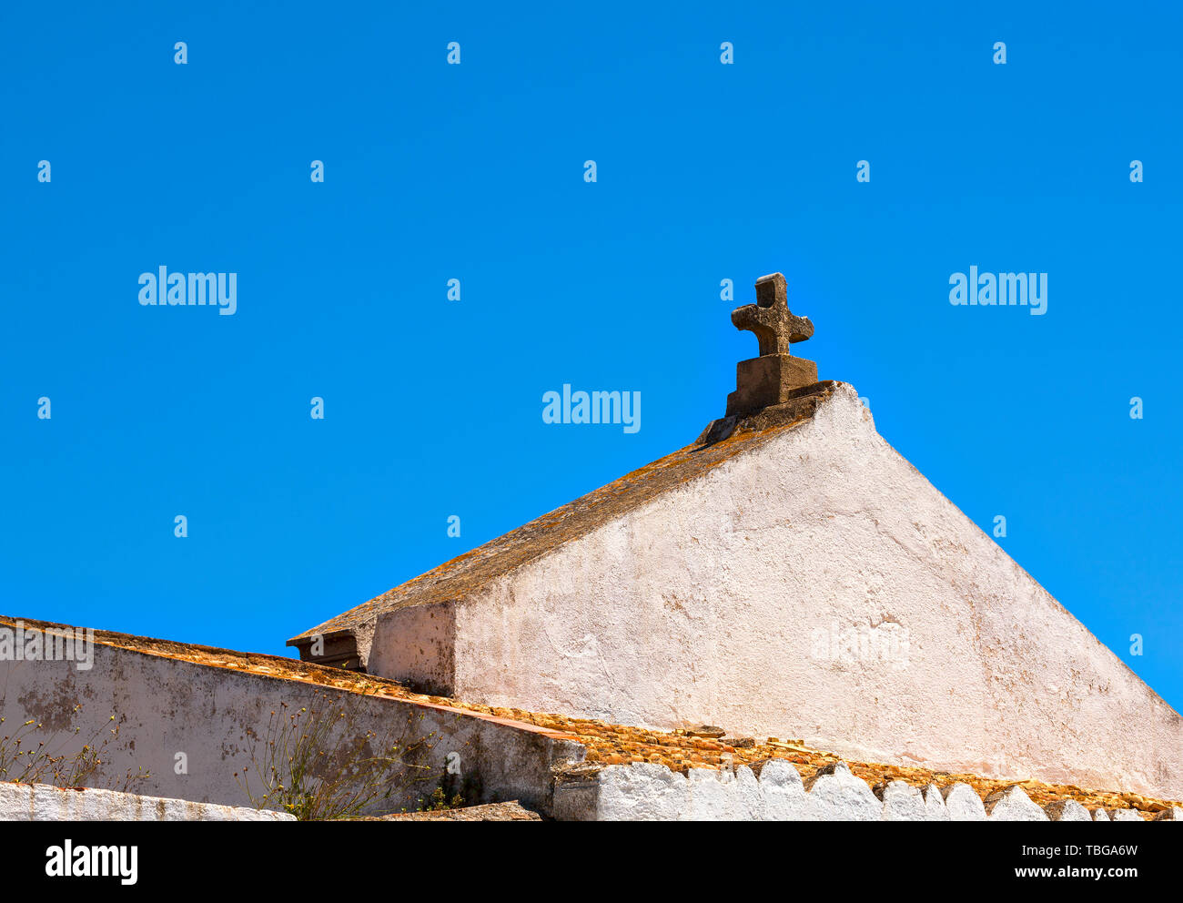 The roof is part of the white Catholic Church from the outside Stock ...
